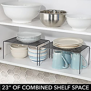 mDesign Small Raised Metal Kitchen Pantry Stacking Plate Organizer Storage Shelves, Cabinet Shelf Rack for Cupboard, or Cabinet - Store Food, Dishes, Bowls, Mugs, Concerto Collection, 2 Pack, Graphite