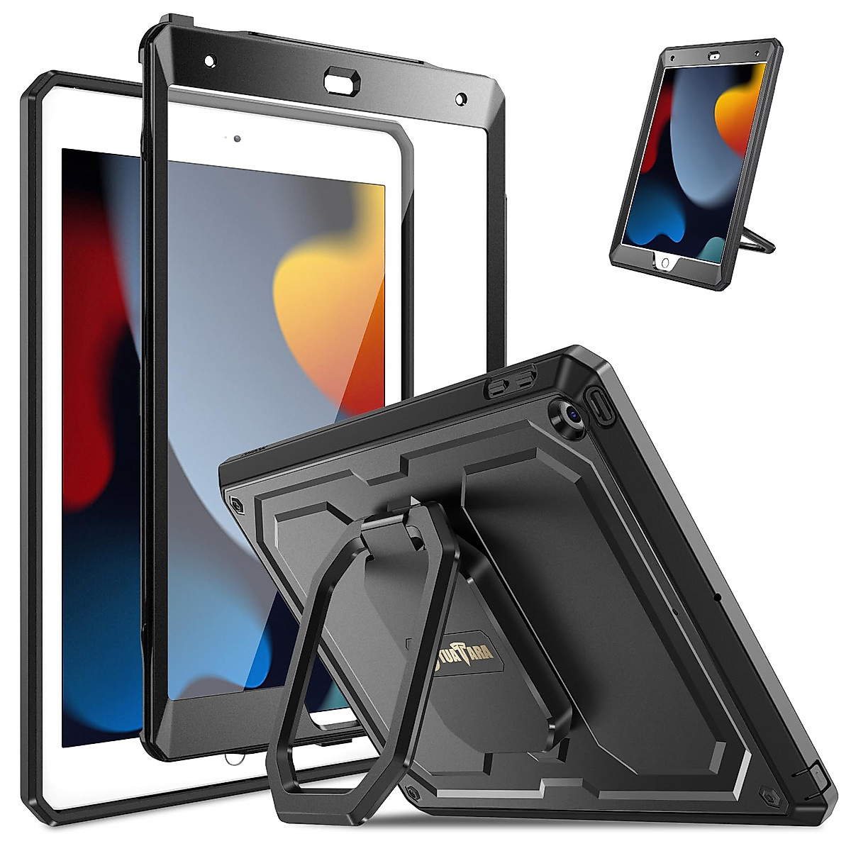 Fintie Case for iPad 9th / 8th / 7th Generation (2021/2020/2019) 10.2 Inch - [Tuatara Magic Ring] 360 Degree Rotating Grip Stand Shockproof Fully-Body Rugged Cover with Screen Protector, Black