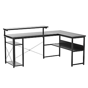 ODK Corner Computer Desk, 61" Reversible L Shaped Desk with Storage Shelves & Monitor Stand, Home Office Desk, Gaming Desk, Writing Desk, Black
