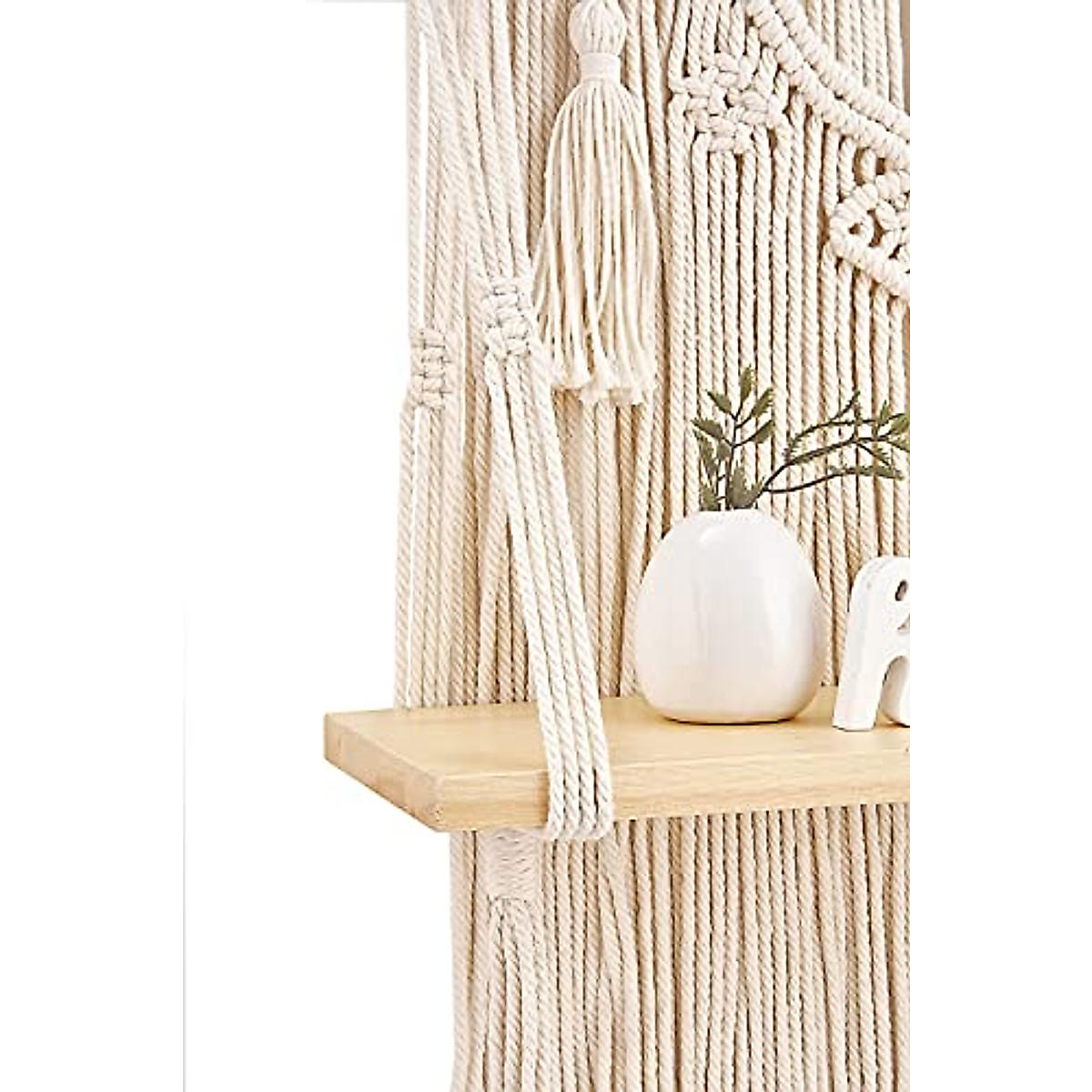 Mkono Macrame Wall Hanging Shelf Boho Decor Wood Floating Shelf for Bedroom Living Room Nursery Bathroom, Handmade Woven Rope Storage Rack for Photo Frames Plant Display