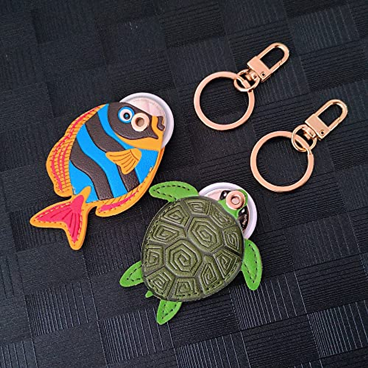 2 Pack Leather Airtag Keychain Case Holder, Cute Kawaii Accessories Suitable for Airtag (Fish-Turtle)