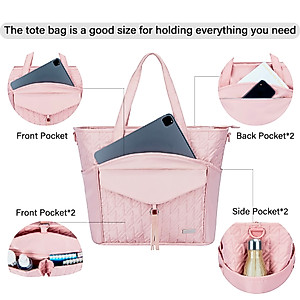 Utility Teacher Tote Bag for Women Work Bags Quilted Large Nurse Tote Bag with Pockets for 15.6" Laptop for Teacher Supplies (Pink)