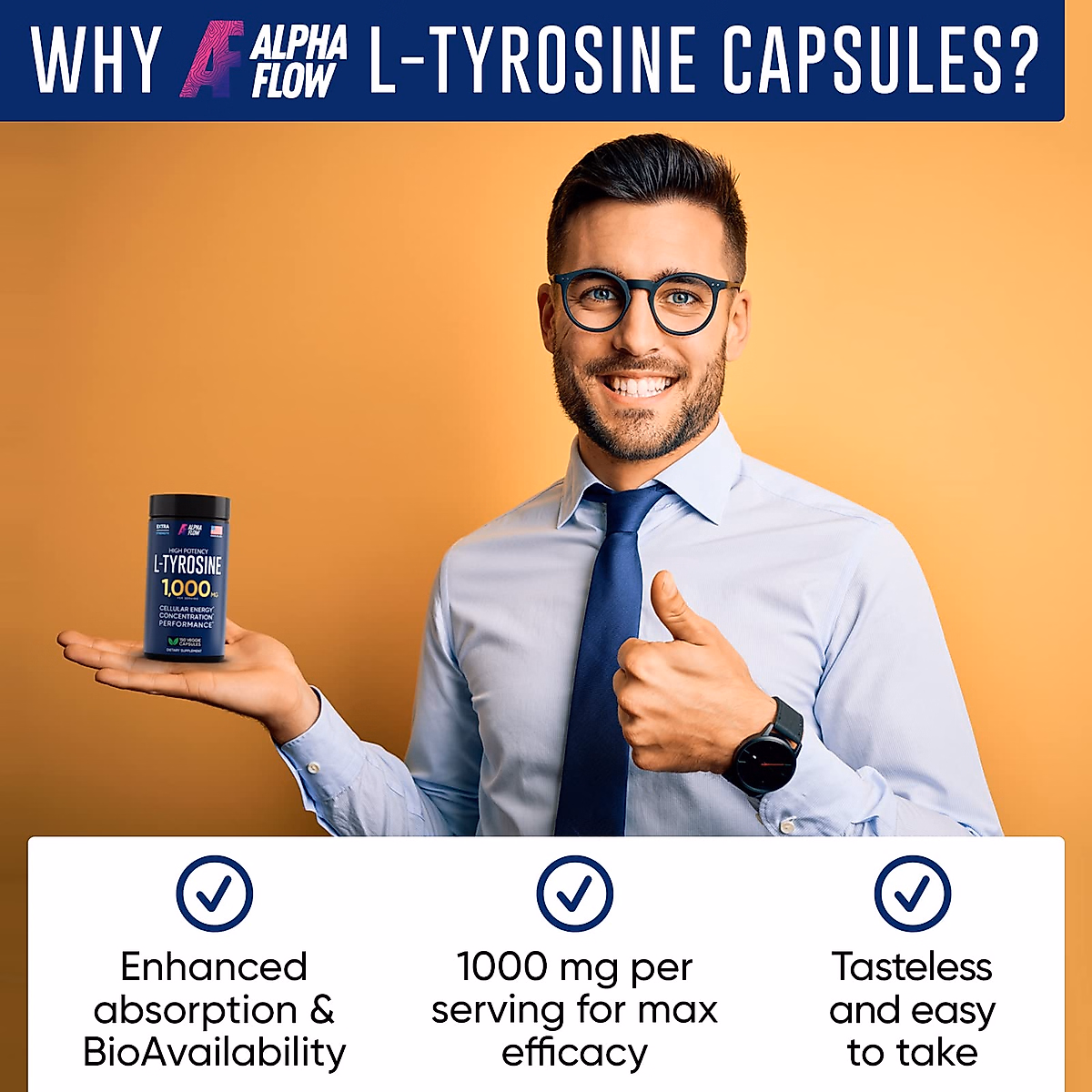 L Tyrosine 1000MG Capsules - All-Natural L- Tyrosine Supplement for Focus & Energy Boost - Non-GMO & Gluten-Free - Vegan 150 Caps -500mg x 2 per Serving