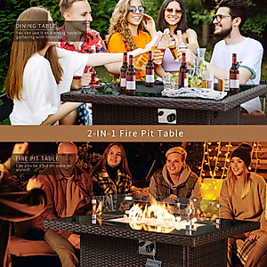 NICESOUL Wicker Outdoor Fire Pit Table Natural Gas/Propane, 43'' Rectangular Firepit Table for Outside, 55000 BTU Patio Fireplace Tables with Windguard&Glass Rocks&Cover, Modern CSA Firepits, Brown