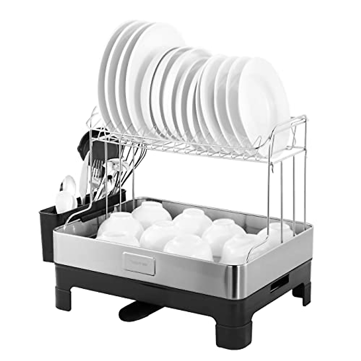 happimess DSH1004A Simple 20.75' Fingerprint-Proof Stainless Steel 2-Tier Dish Drying Rack, Dish Rack with Swivel Spout Tray, Utensil Holder, Stainless Steel/Black, Silver/Black
