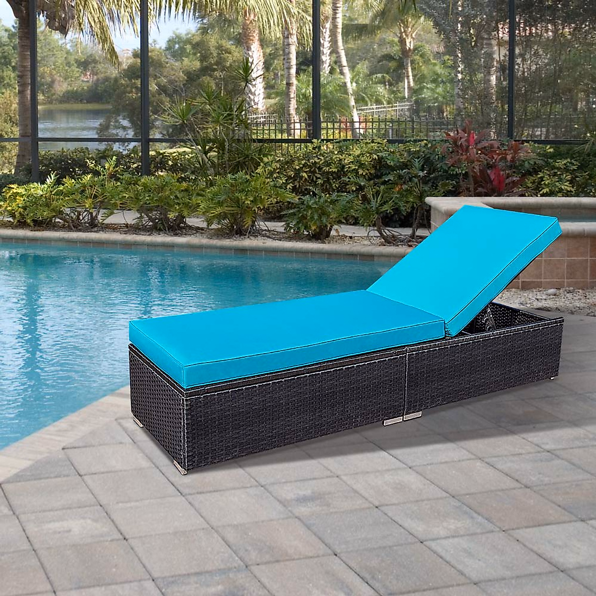 Outdoor PE Wicker Chaise Lounge, Patio Lounge Chair Adjustable Reclining Chair for Pool with Removable Cushion, Black and Blue