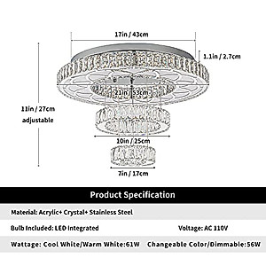 Zswanbei 21" Crystal Ceiling Lamp 3 Ring Large Modern LED Chandelier Acrylic Adjustable Pendant Light Fixtures for Dining Room Living Room Girls Bedroom (Cool White)