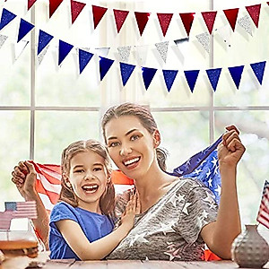 30 Ft Red Silver Blue Triangle Pennant Banner Bunting Double Sided Glitter Metallic Paper Flag Garland for 4th of July American Independence Day USA National Day Patriotic Party Decorations Supplies