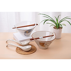 LLDAYU large Ceramic Japanese Ramen Noodle Soup Bowl, 27 Ounce Deep Bowl, with Matching Spoon and Chopsticks for Udon Soba Pho Asian Noodles.Dishwasher & Microwave Safe(Lucky Cat)