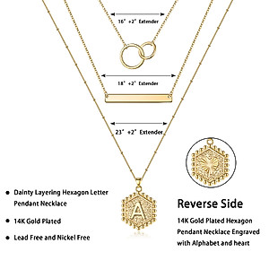 Layered Necklaces for Women, Handmade 14K Gold Plated Cute Bar Necklace Layering Infinity Circles Hexagon A Letter Initial Necklace Layered Gold Necklaces for Women Gold Necklace for Women (A)