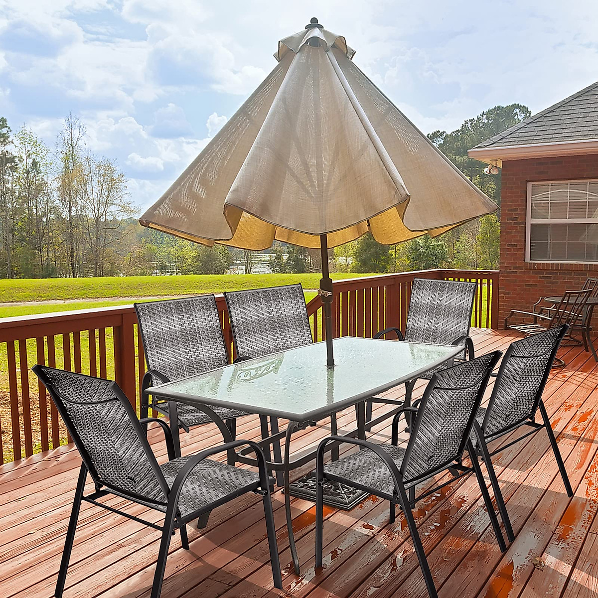 Tangkula Set of 6 Outdoor PE Wicker Stackable Chairs, Patio Dining Chairs with Sturdy Steel Frame, Outdoor Arm Chairs for Garden, Yard, Deck and Lawn (1, Mix Grey)