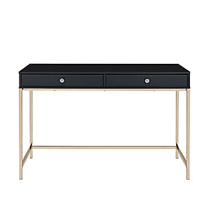 Daesar Computer Writing Desk with Two Drawer, Black High Gloss & Gold Finish