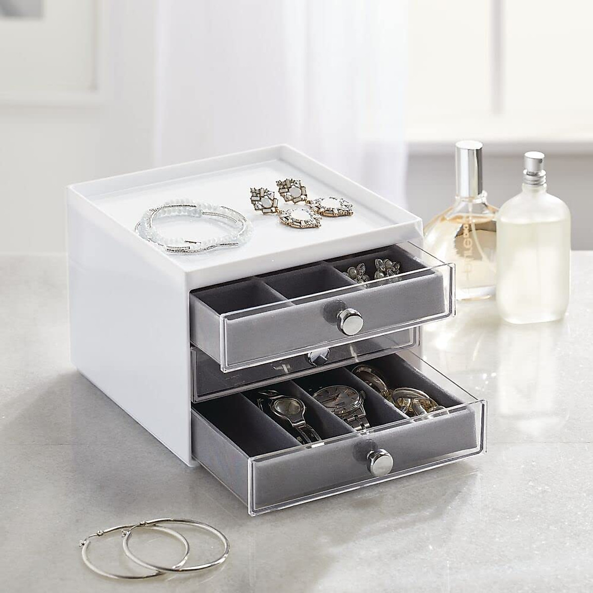 mDesign Plastic Small 3-Drawer Jewelry Organizer Box for Storage on Dresser, Vanity, Countertop - Holds Earrings, Bracelets, Necklaces, Bangles, Rings, 2 Pack - White/Gray
