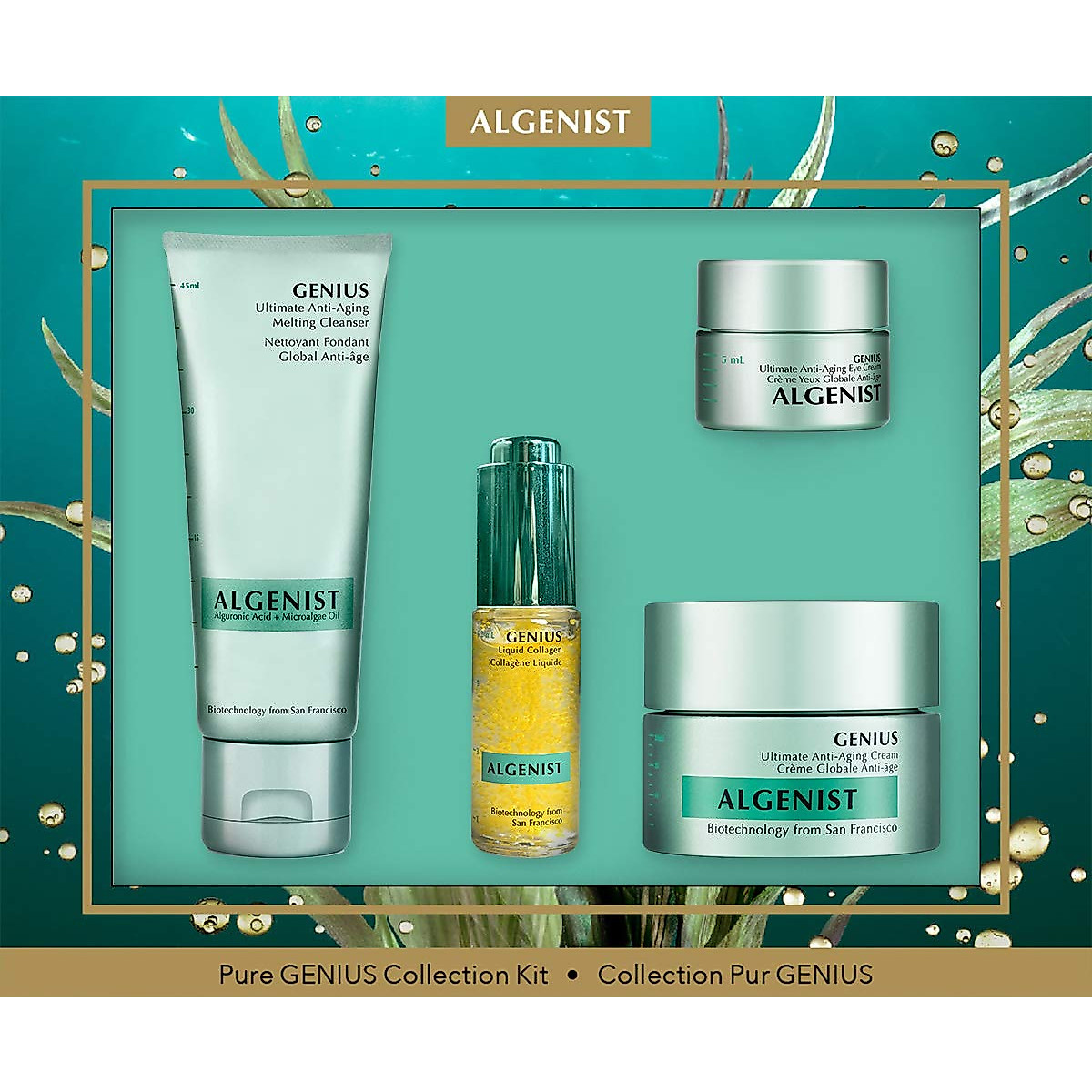 Algenist Pure GENIUS Collection Kit - Liquid Collagen, Ultimate Anti-Aging Melting Cleanser, Eye Cream & Face Cream - Non-Comedogenic & Hypoallergenic Skincare (4 Piece Skincare Set)