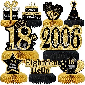 9Pcs Black Gold 18th Birthday Decorations Honeycomb Centerpieces for Boys Girls,Happy 18th Birthday Centerpieces Tables Toppers Party Decorations Supplies,Vintage 2006 Aged Birthday Table Sign Decor