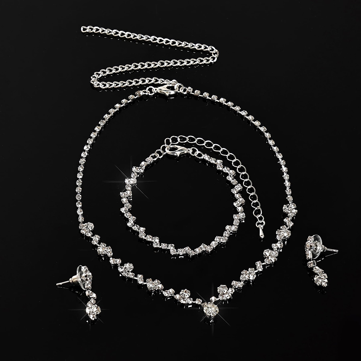 Jmkcoz Women Jewelry Set Silver Necklace Earrings Bracelet Rhinestone Crystal Bridal Wedding Jewelry Sets for Brides Bridesmaid Wedding Party (Style 2)