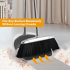 Broom and Dustpan Set for Home, Upright Broom and Dust Pan with Long Handle, Heavy Duty Stainless Steel Dustpan with Broom Combo Set for Sweeping Indoor Outdoor Kitchen Lobby Floor, Black