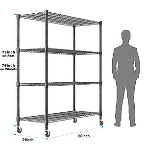 Homdox 60”W Storage Shelves, 4 Tier Heavy Duty Wire Shelving Unit with Wheels, 2400LBS Commercial Adjustable Metal Shelves for Storage, Garage Rack Pantry Shelves Kitchen Shelving, 24"x60"x72", Black