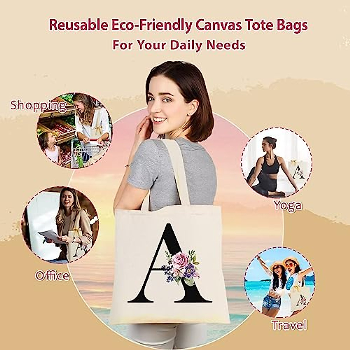 AUNOOL Personalized Initial Canvas Tote Bag Makeup Bag for Women, Monogrammed Gifts for Women Teacher Bridesmaid, Reusable Grocery Bags for Wedding Holiday Shopping Travel Letter M