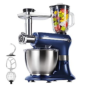 Aifeel Stand Mixer, 6 in 1 Multifunctional Electric Kitchen Mixer 800W 5 Speed with 1.5L juice cup,6.5 QT Bowl, Dough Hook, Whisk, Beater,Meat Grinder , Blender, Sausage Kit (blue)