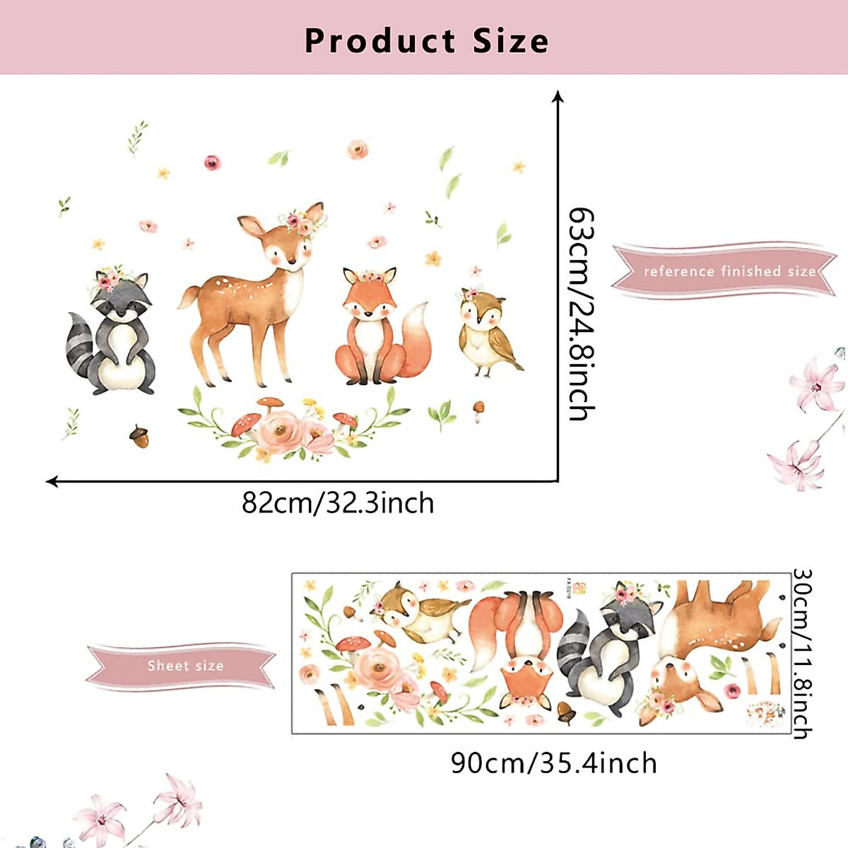 Supzone Woodland Animal Wall Decals Cartoon Animal Wall Stickers Cute Raccoon Deer Fox Owl Forest Animal Wall Decal for Kids Baby Nursery Playroom Bedroom Wall Decor