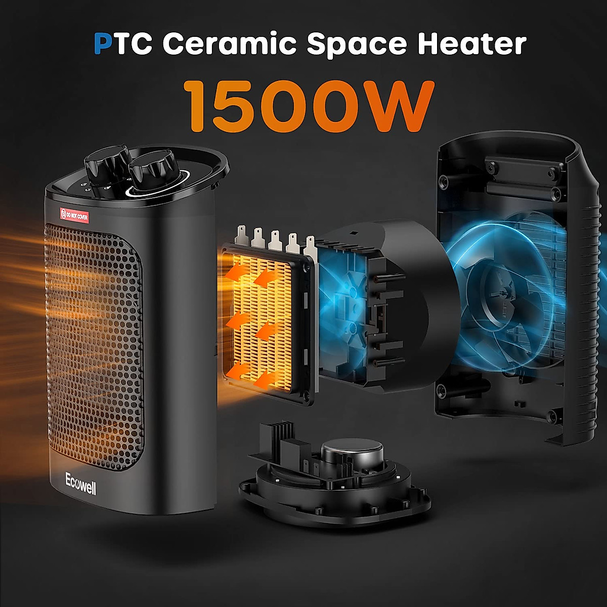 ECOWELL 1500W Portable Space Heater for Indoor Use, 60°Oscillating,Small Electric Heater Fan with Adjustable Thermostat, Safe and Quiet for Bedroom Office Desk, EHT110