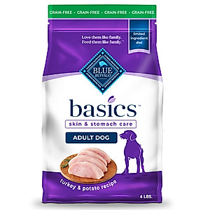 Blue Buffalo Basics Grain-Free Adult Dry Dog Food, Skin & Stomach Care, Limited Ingredient Diet for Dogs, Turkey Recipe, 4-lb. Bag