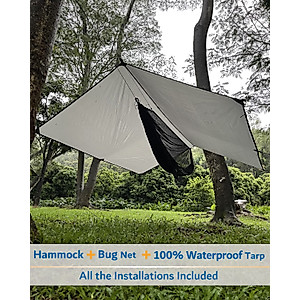Sunyear Hammock Camping with Rain Fly Tarp and Net, Portable Camping Hammock Double Tree Hammock Outdoor Indoor Backpacking Travel & Survival, 2 Tree Straps,100% Waterproof, Black