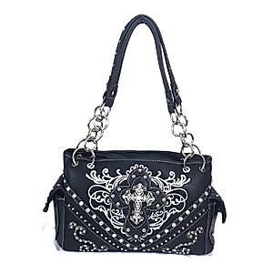 Zzfab Cross Embroidered Western Handbag Rhinestone Purse Black