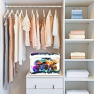 Vnurnrn Storage Bin with Lid Collapsible Rainbow Monster Truck Print, Large Capacity Foldable Storage Basket Cube for Clothes Toys 16.5×12.6×11.8 IN