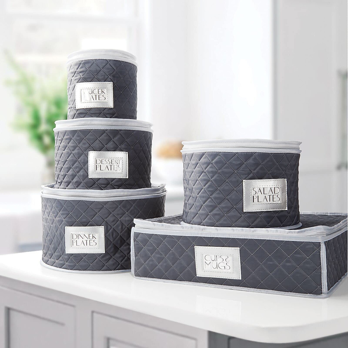 mDesign Quilted Dinnerware Storage 5 Piece Set for Protecting and Transporting Fine China, Dishes, Plates, Cups - Holds Service for 12 - Felt Protectors Included with Each Round Bin - Navy Blue/Gray