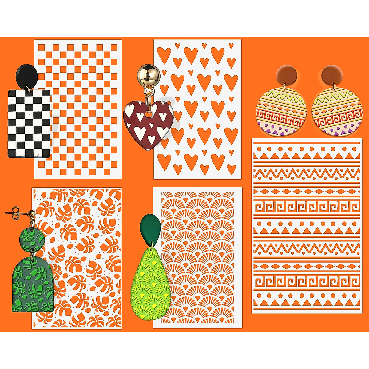 BABORUI 10Pcs Clay Texture Sheets for Polymer Clay, Reusable Clay Stamps Stencils with 2Pcs Scraper, Polymer Clay Tools Embossing Stamp Mats for Printing on Clay Earring Jewelry