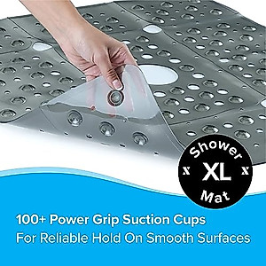 SlipX Solutions Accu-Fit Square Shower Mat, Extra Large 27"x27", Non-Slip Stall Mat for Elderly & Kids Standing Bath Tub Mat, Machine Washable, Suction Cups, Transparent Gray