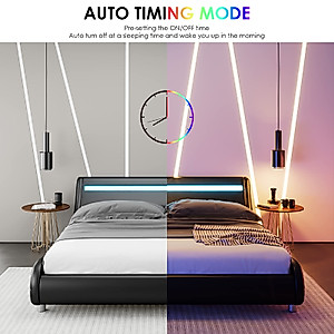 Keyluv Upholstered Full LED Bed Frame with Headboard, Modern Low Profile Platform Bed with Strong Slats Support, Faux Leather Wave-Like Bed Frame, Easy Assembly, No Box Spring Needed, Black