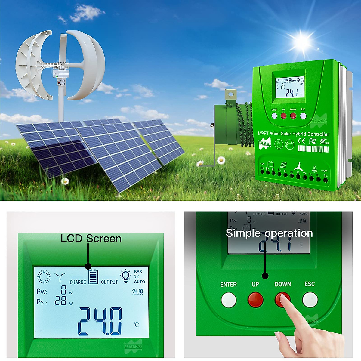 Mars Rock 2000w Regulator Max Wind 1000w Max Pv 1000w Mppt Wind Solar Hybrid Controller Bluetooth Android App