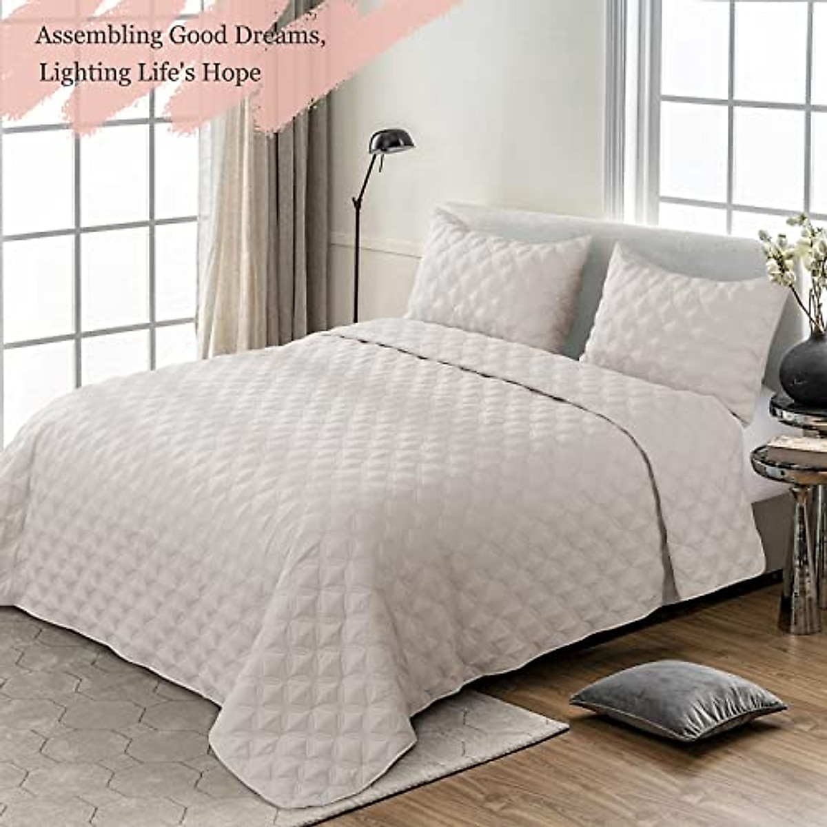 Exclusivo Mezcla Bed Quilt Set Queen Size for All Seasons, Stitched Pattern Quilted Bedspread/ Bedding Set/Coverlet with 2 Pillowshams, Lightweight and Soft, Bone