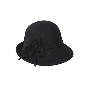 BABEYOND Womens 1920s Bucket Cloche Hat Gatsby Winter Wool Crushable Bowler Hat Vintage Cloche Round Hat with Flower Accent (Black)