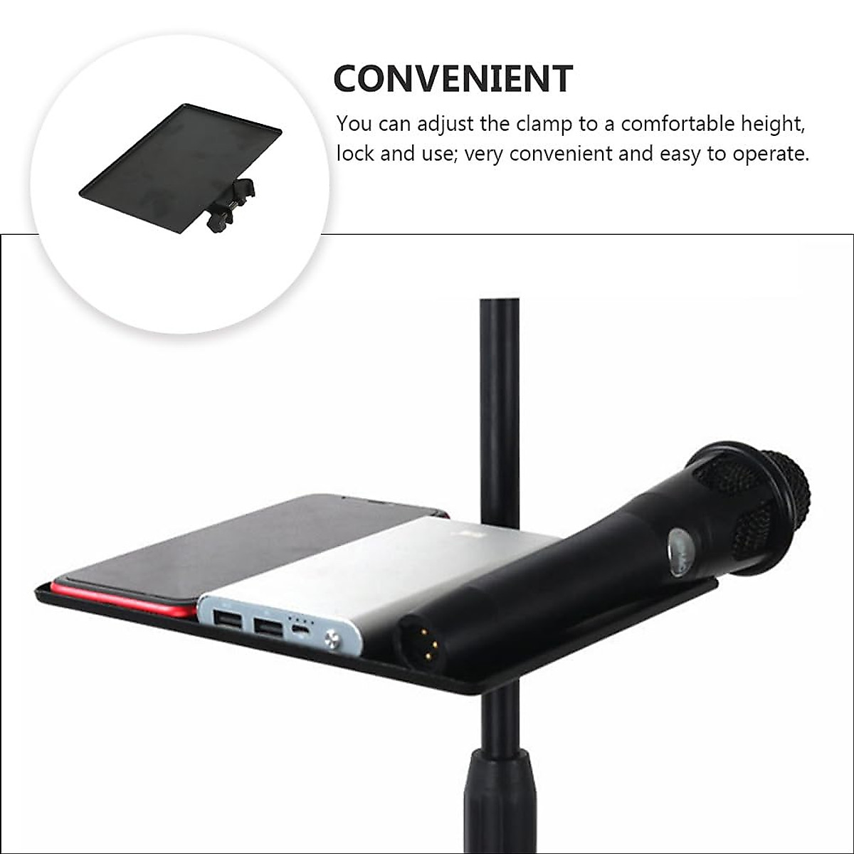 Microphone Stand Clamp- On Utility Shelf Adjustable Table Live Broadcast Mic Stand Phone Clip Holder Rack Music Sheet for Microphone Instrument Accessory Black