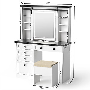VOWNER Farmhouse Makeup Vanity Desk with Sliding Lighted Mirror & Power Outlet, Vanity Table Set with Hidden Shelves & 5 Drawers & Storage Stool for Bedroom