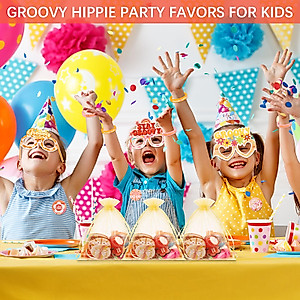Sasylvia 122 Pcs Groovy Party Favors Retro Hippie Party Gifts Set Silicone Wristbands Keychains Badges Glasses Stickers Boho Stampers Gift Bags for Groovy Birthday Baby Shower Class Reward Supplies