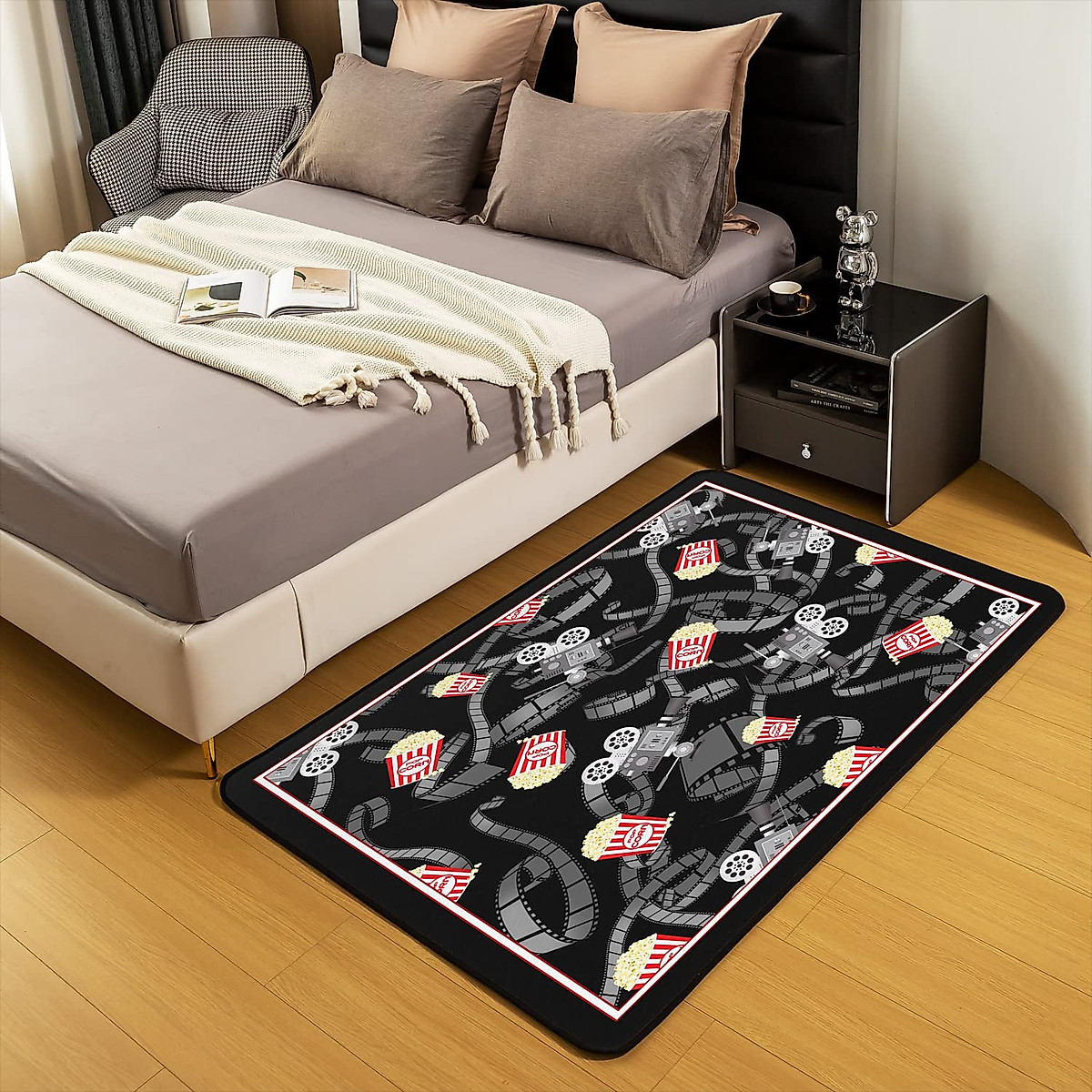 Movie Theater Indoor Floor Mat Cinema Poster Decorative Carpet, for Popcorn Movie Night Film Star Red Black Living Room Rugs Old Fashion Home Decor Area Rug 5'x7'