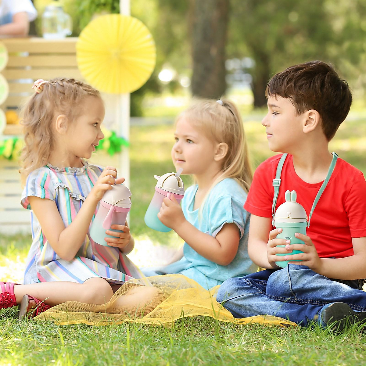 NCVI Weighted Straw Sippy Cup Spill Proof Stainless Steel, Kids Toddler Thermal Cup with Removable Handle and Replacement Head Straw Perfect for 2 Years Old, 10oz (Pink Bunny)