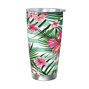 AYCZN Palm Leaves Floral 20 OZ Tumbler Stainless Steel Travel Coffee Mug, Stripe Flower Insulated Water Bottle with Lid and 2 StrawsLeakproof Thermal Cup
