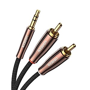 UGREEN 3.5mm to 2 Male RCA Cable Stereo Audio Adapter Braided Hi-Fi Sound Auxiliary RCA Y Splitter, Metal Shell Shielded Aux RCA Y Cord Compatible with Smartphone MP3 Tablet Speaker, 6FT