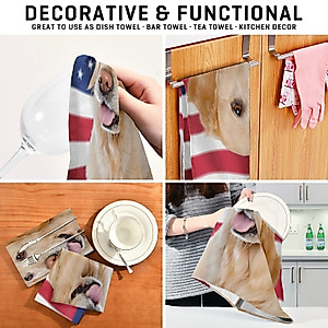 ALAZA Golden Retriever and American Flag Kitchen Towels Absorbent Dish Towels Soft Wash Clothes for Drying Dishes Cleaning Towels for Home Decorations Set of 4, 28 X 18 Inch