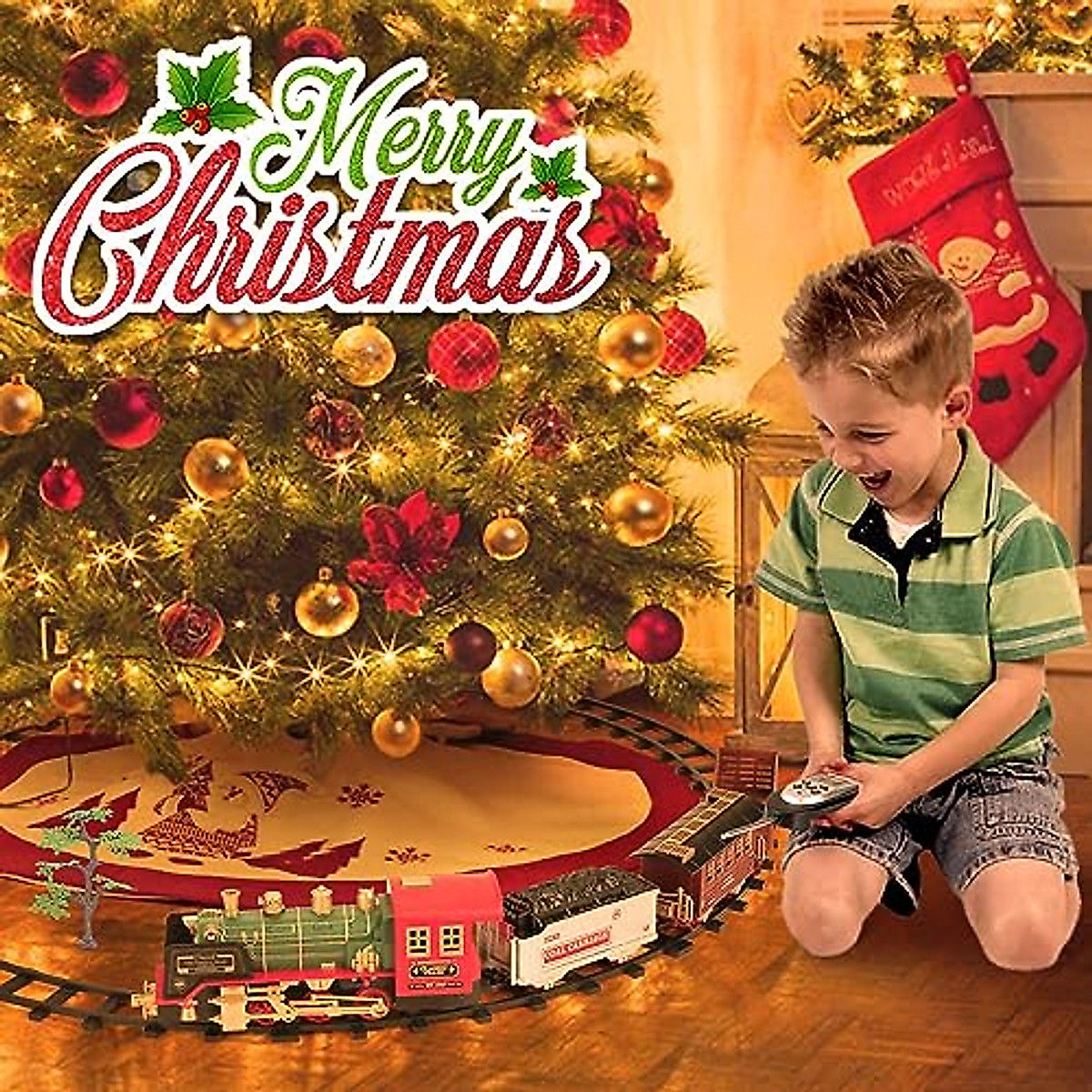 Mini Tudou Christmas Electric Train Set w/Steam, Sound & Light, Remote Control Train Toys w/Steam Locomotive Engine, Cargo Cars & Tracks, Toy Train w/Rechargeable Battery for Kids Boys 3+ Year Old