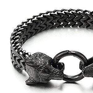 COOLSTEELANDBEYOND Mens Black Wolf Head Steel Franco Link Curb Chain Bracelet with Spring Ring Clasp 8.86 Inch