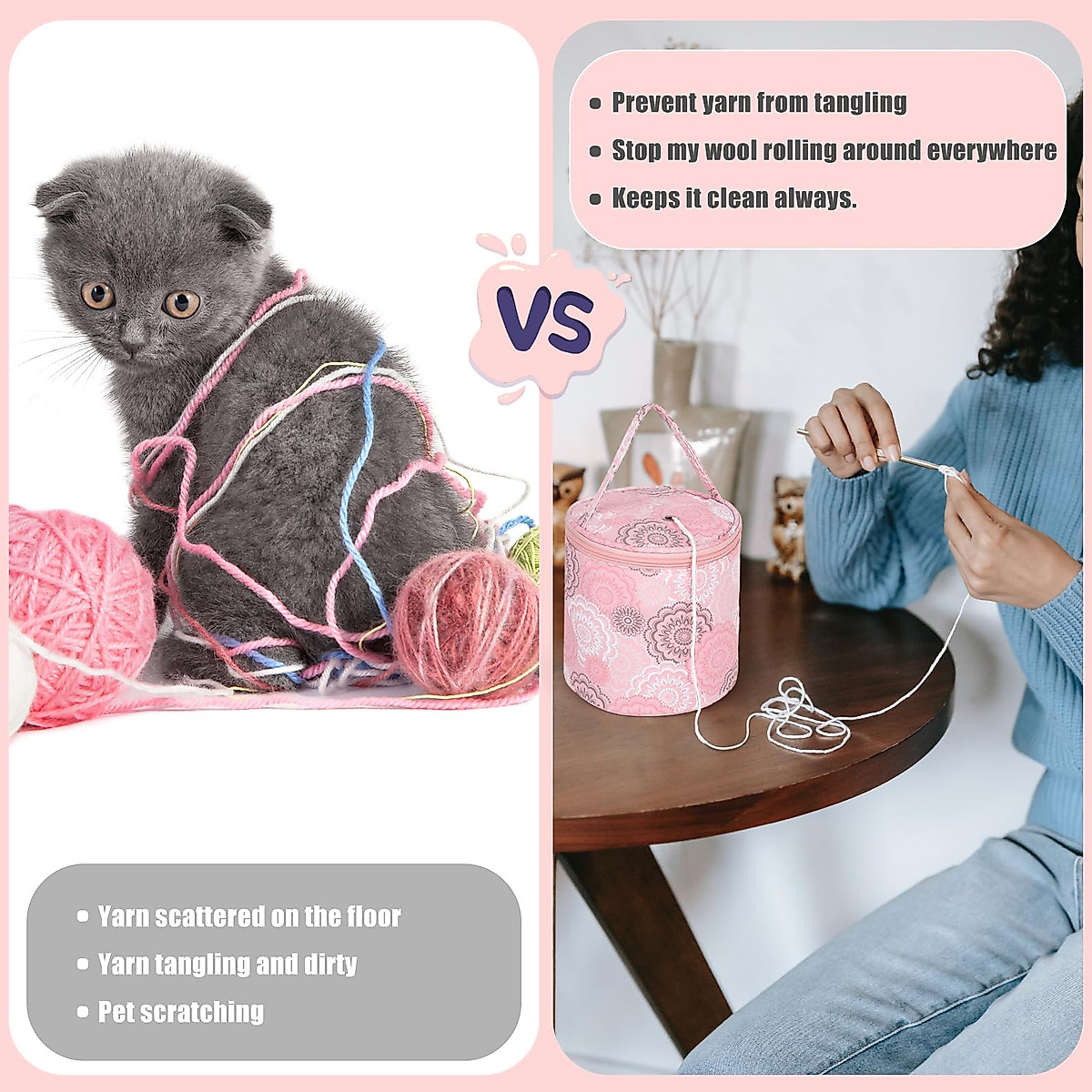 Katech Mini Yarn Storage Bags, Portable Yarn Bag for Crocheting with Holes Organizer Crochet Thread Sewing Accessories Storage Tote Bag for Carry Crochet Hooks Skein Yarn (Pink Floral)