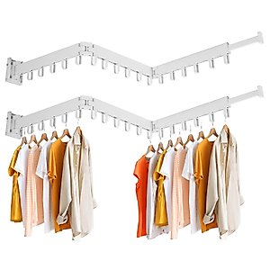 Layhit 2 Pcs Wall Mounted Laundry Room Rack Clothes Drying Rack Over The Door Pants Hanger Retractable Collapsible Rental House Clothing Dryer Rack, White Windproof Ring Hooks, 3 Fold