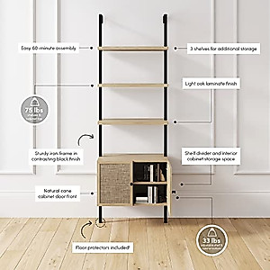 Nathan James Theo Ladder 3 tier Open Bookshelf with Rattan Drawers and Matte Steel Frame, Light Oak/Black
